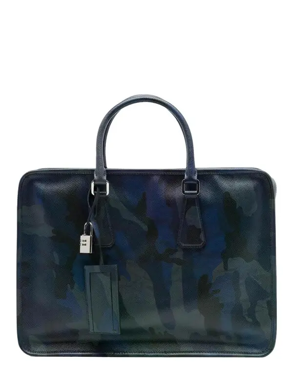 Prada Saffiano Camouflage Print Briefcase Business Bag - Blue