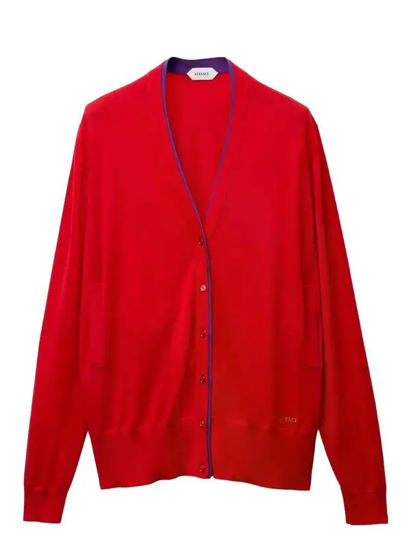 Versace Embroidered Wool Knit Cardigan - Red