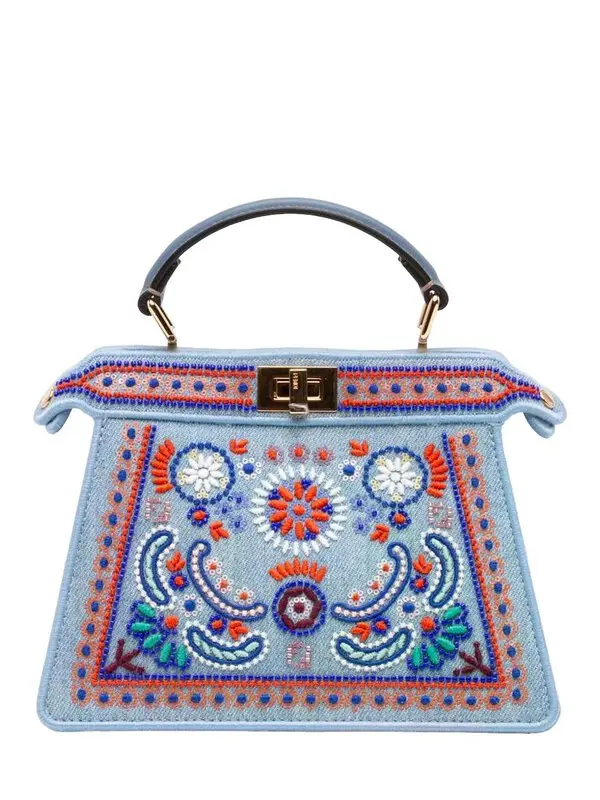 Fendi Embroidered Denim Peekaboo Iseeu Satchel - Blue