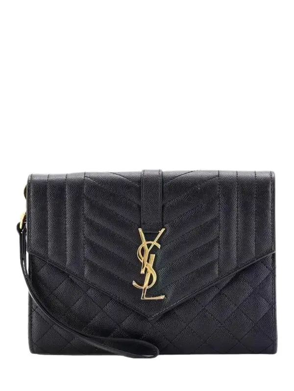 Saint Laurent Mixed Matelassé Leather Monogram Envelope Clutch Bag - Black