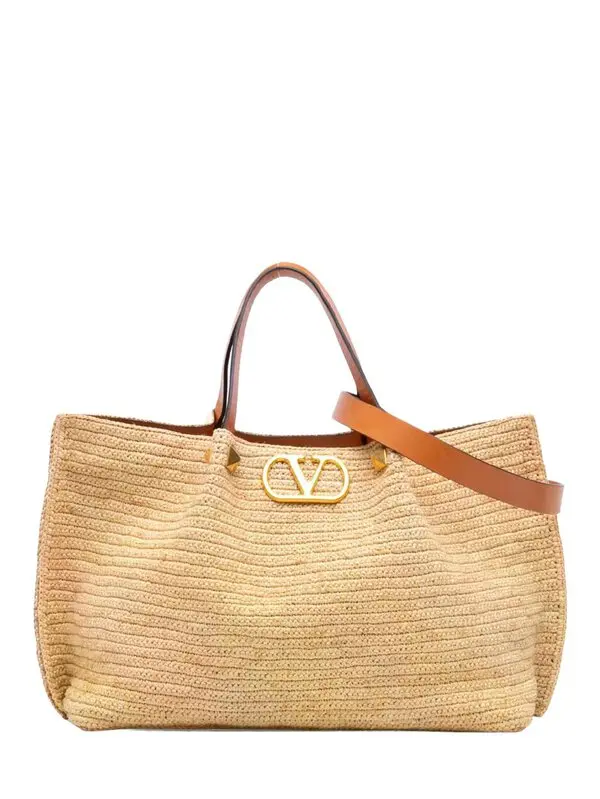 Valentino Garavani Medium Raffia Vlogo Tote Satchel - Neutrals