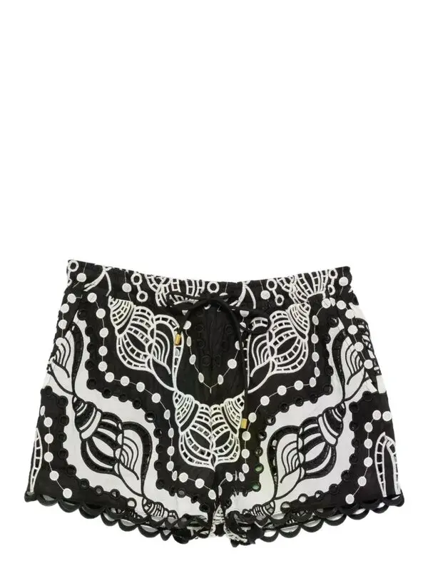 Farm Rio Seashell-print Scallop-edge Shorts - Black