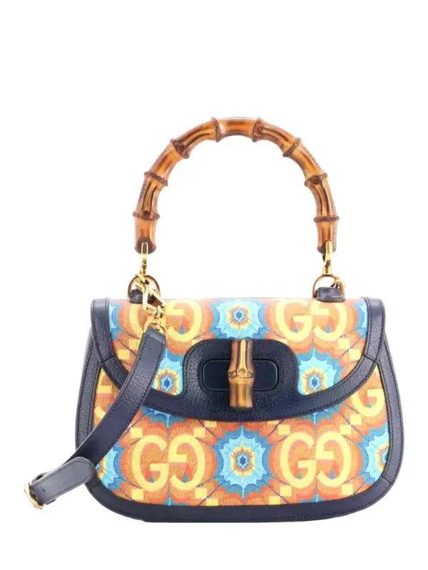 Gucci Bamboo 1947 Top Handle Bag Kaleidoscope Print Gg Coated Canvas Medium Crossbody Bag - Blue