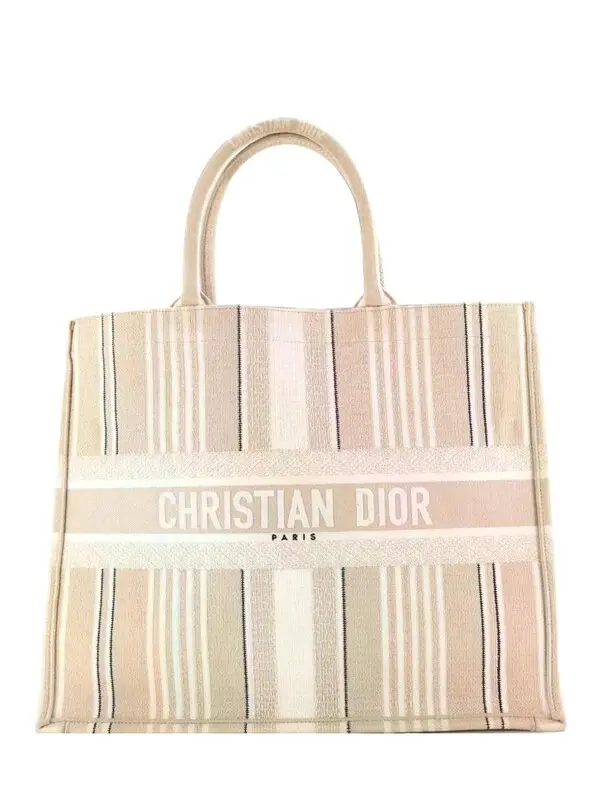 Dior Book Bayadere Stripe Embroidered Canvas Large Tote Bag - Neutrals