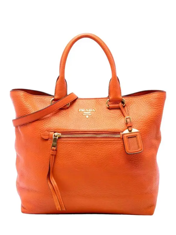 Prada Vitello Daino Front Pocket Open Convertible Tote Satchel - Orange