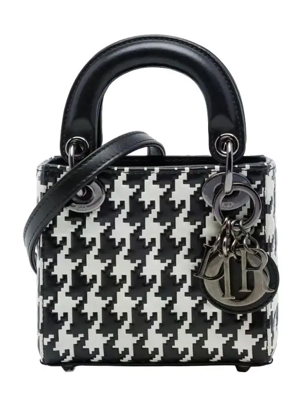 Dior Micro Calfskin Houndstooth Embossed Macro Lady Satchel - Black