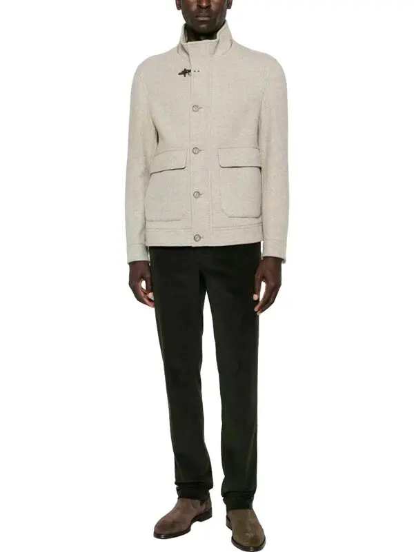 FAY Herringbone-weave Lobster-clasp Coat - Neutrals