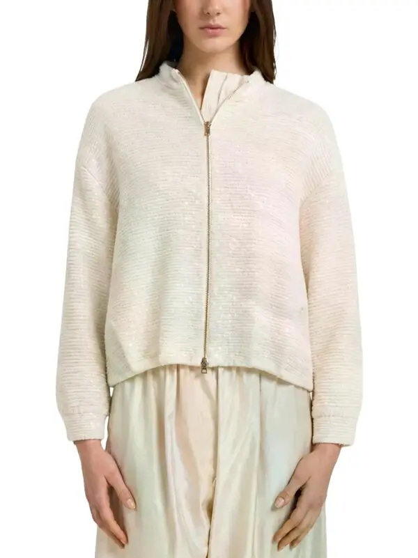 Herno Sequin-embellished Ribbed-knit Bomber Jacket - Neutrals