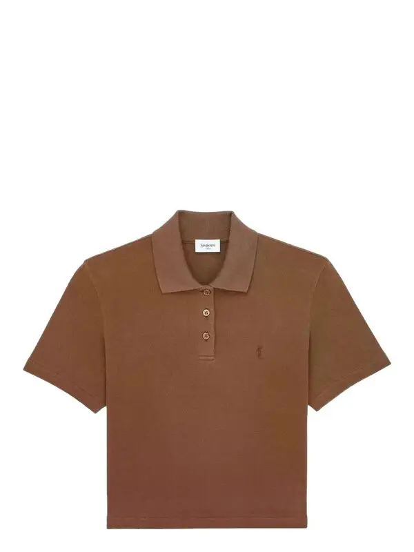 Saint Laurent Cassandre Cropped Cotton Piqué Polo - Brown