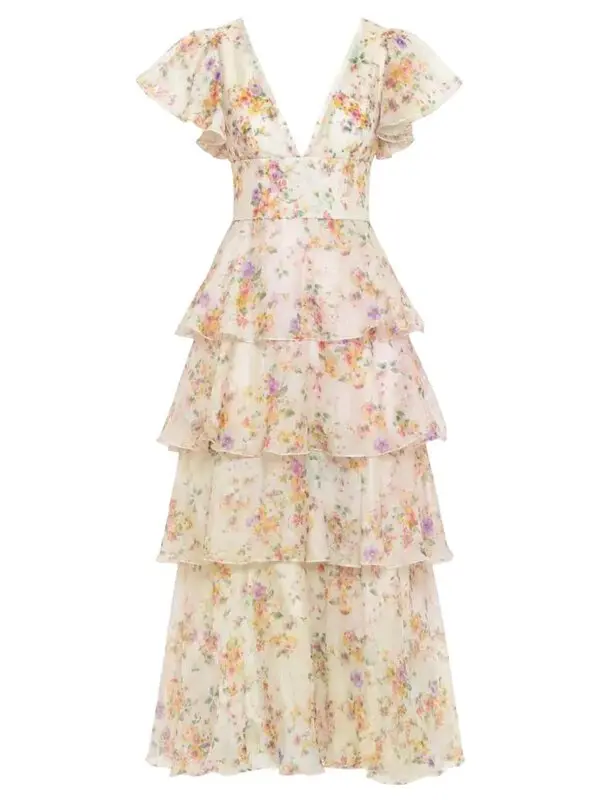 DIVEDIVINE Rebecca Floral-print Ruffled Maxi Dress - Neutrals