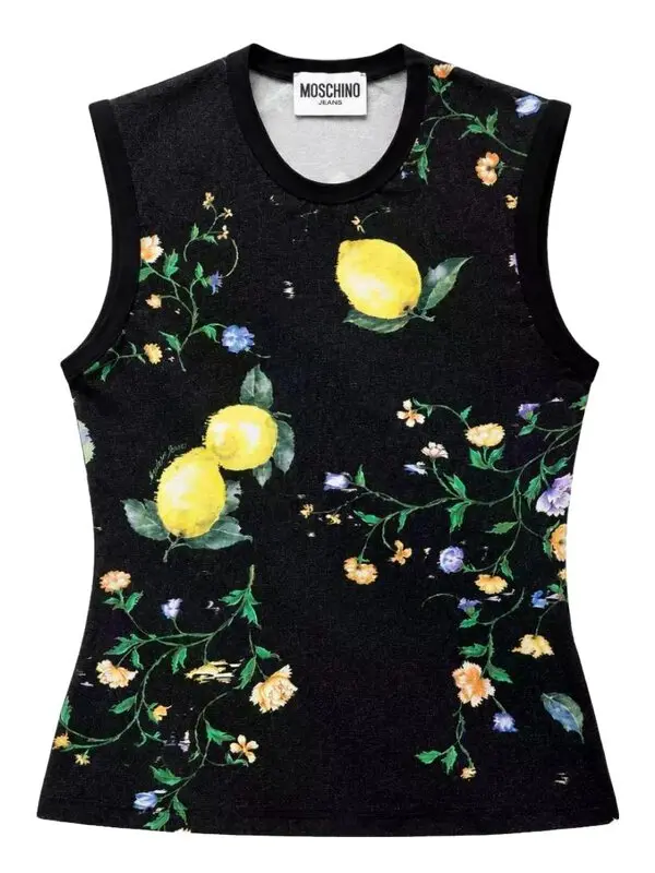 Moschino Lemon-print Floral-pattern Top - Black