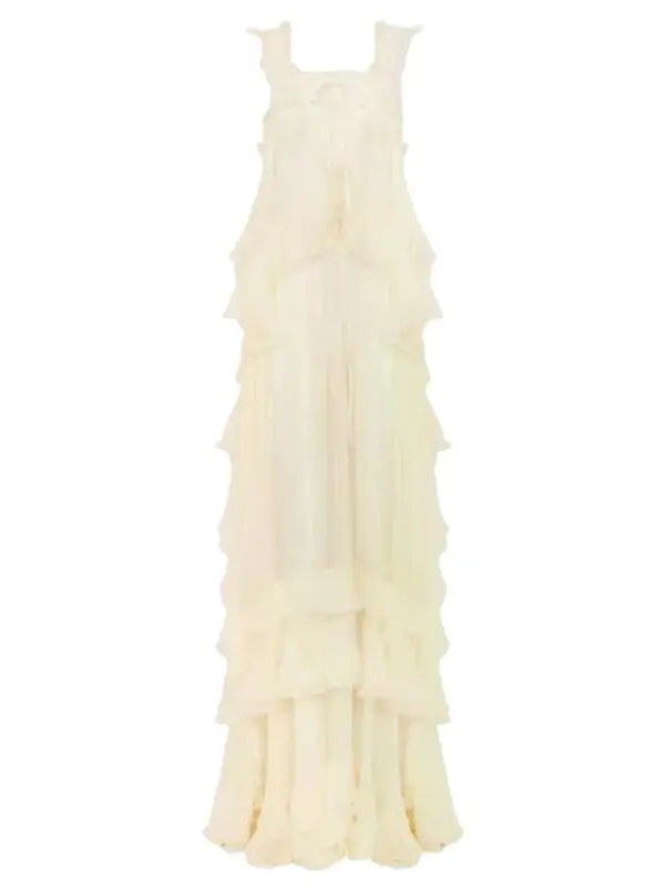 Chloé Sleeveless Layered Long Dress In Silk Mousseline And Lace - Neutrals