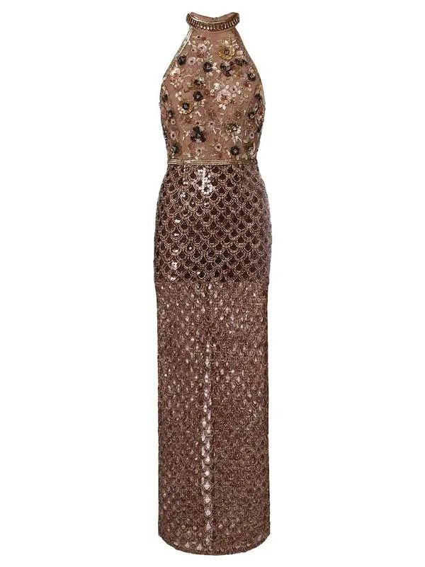 LA FUORI Scales Of Gold Embellished Halterneck Gown - Brown