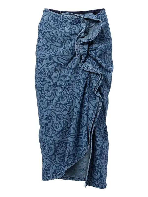 Dries Van Noten Floral Ruffled Denim Midi Skirt - Blue