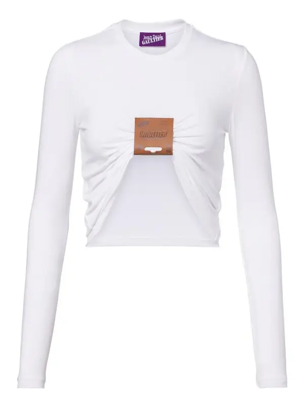 JEAN PAUL GAULTIER Gathered Leather-trimmed Jersey Top - White