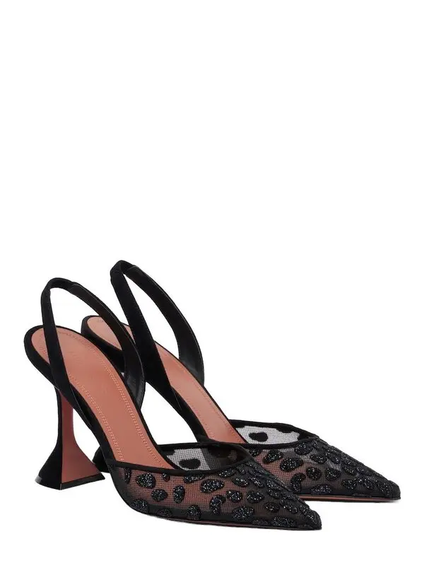 Amina Muaddi Holli Embellished Mesh Slingback Pumps - Black