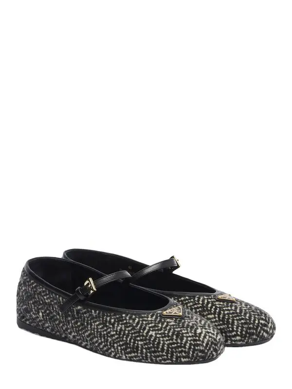 Prada Chevron Tweed Mary Jane Ballet Flats - Black
