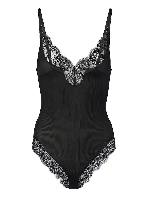 Saint Laurent Lace-trimmed Ribbed-knit Silk Bodysuit - Black