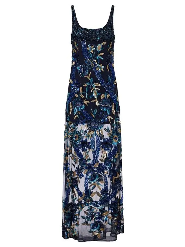 LA FUORI Embellished Floral Mesh Gown - Blue