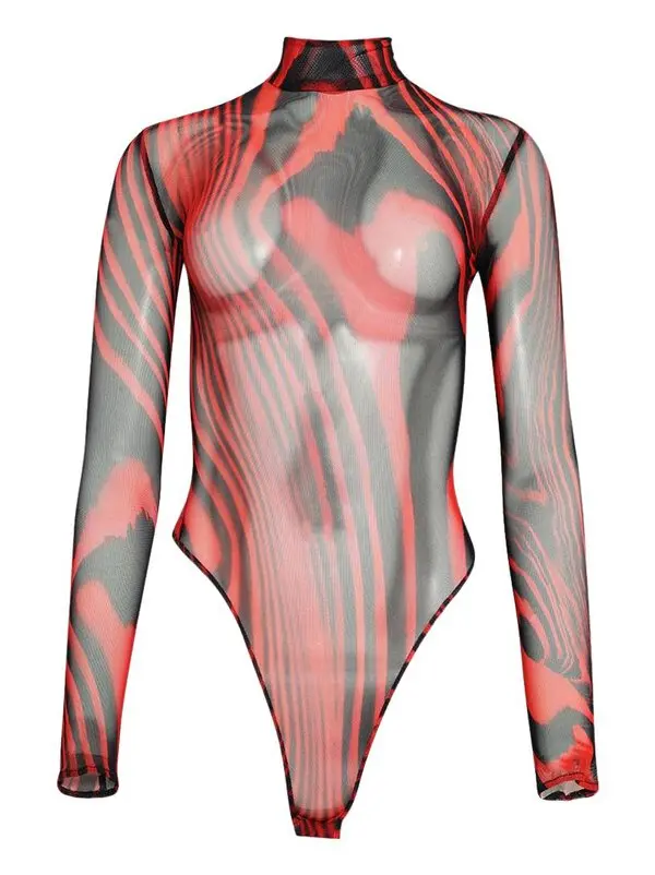 David Koma Printed Mesh Bodysuit - Red