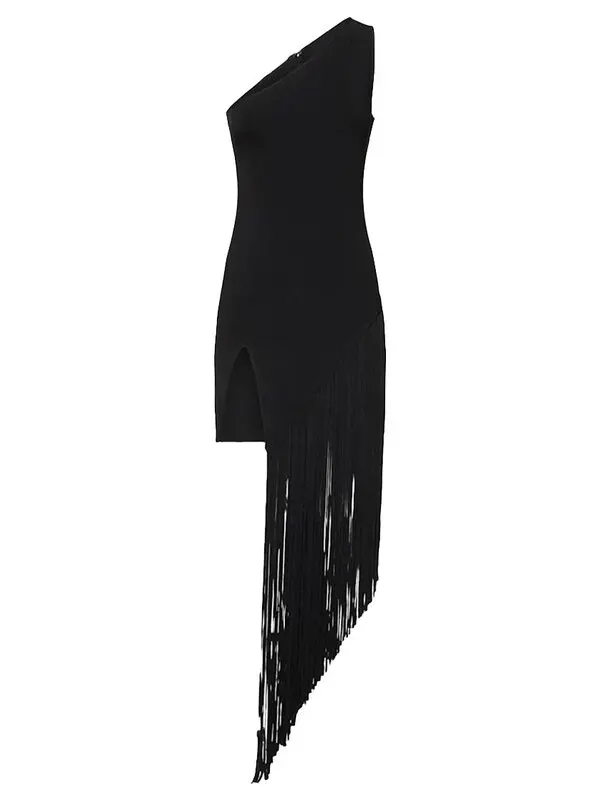 David Koma Side Fringe Detail Asymmetric Cut Knit Dress - Black