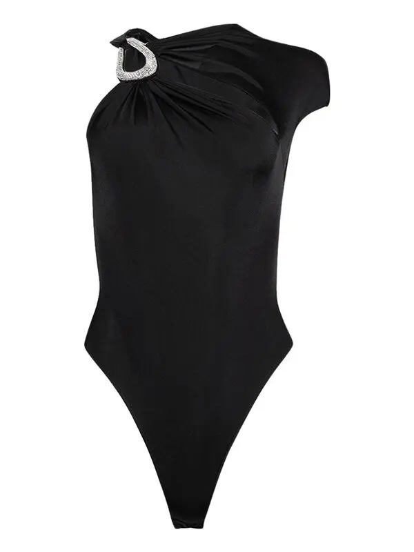 David Koma Crystal Buckle Asymmetric Bodysuit - Black