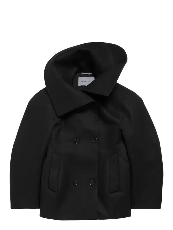 Balenciaga Wool High Collar Pea Coat - Black