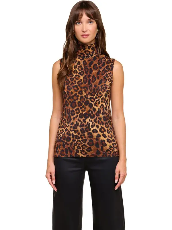 L'Agence Ceci Sleeveless Turtleneck - Tan Multi Javan Leopard