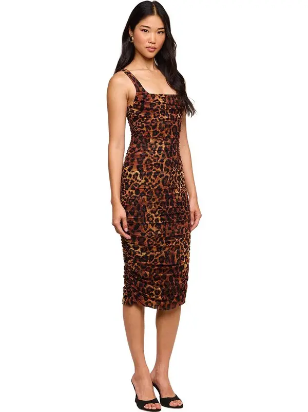 L'Agence Anya Shirred Dress - Tan Multi Javan Leopard
