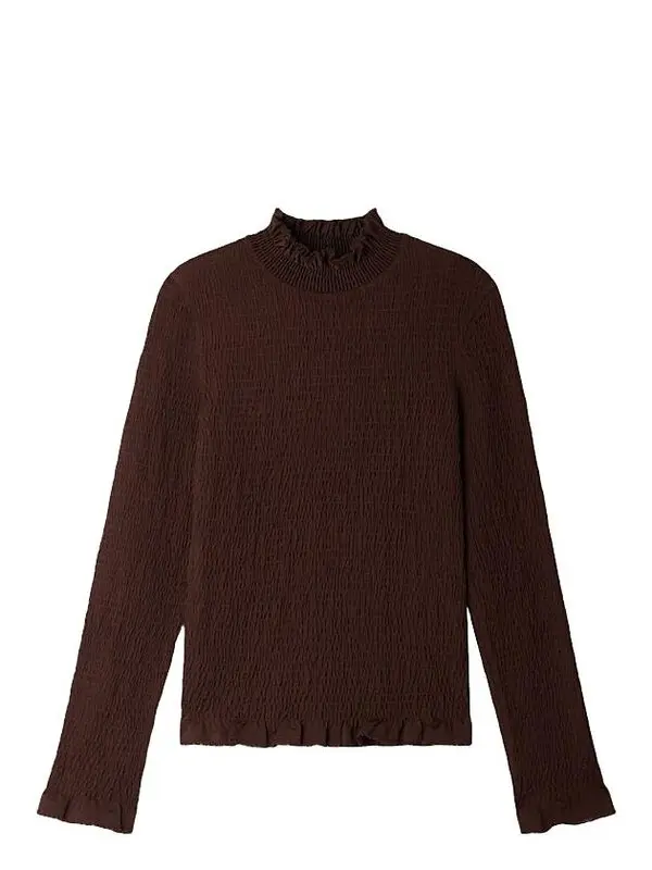 Sandro Smocked Ruffle-collar Stretch-woven T-shirt - Brown