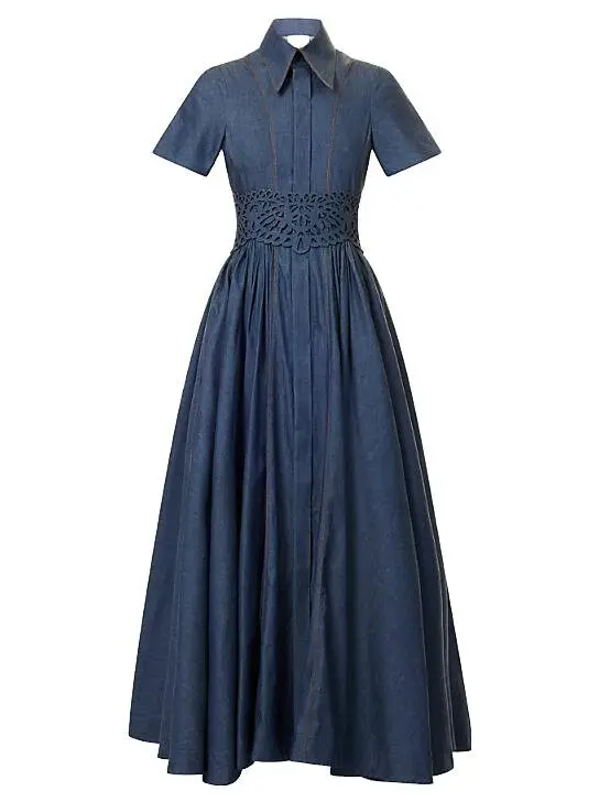 Mona Alshebil Gathered-waist Belted Maxi Dress - Denim