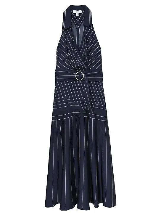 REISS Casey Striped Satin Midi Dress - Navy