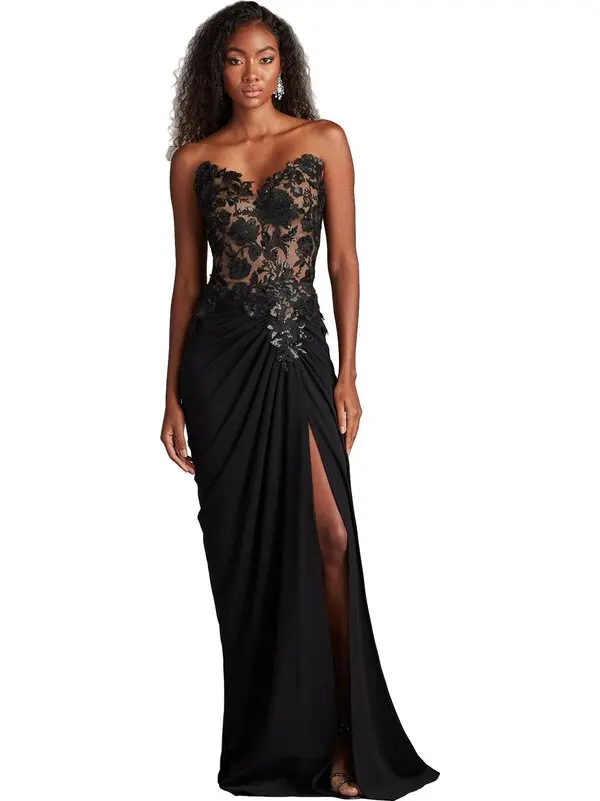 Tadashi Shoji Dresden Draped Sequin Embroidered Gown - Black/nude