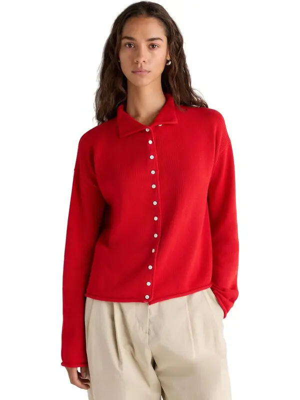 Quince Cotton Cashmere Roll Neck Cardigan Sweater - Satin Red