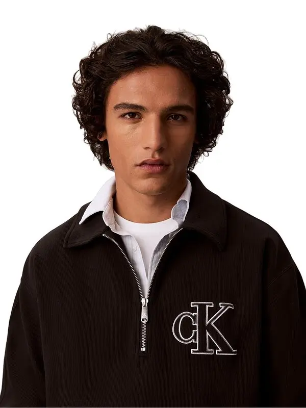 Calvin Klein Double Knit Monogram Zip Polo Sweatshirt - Black