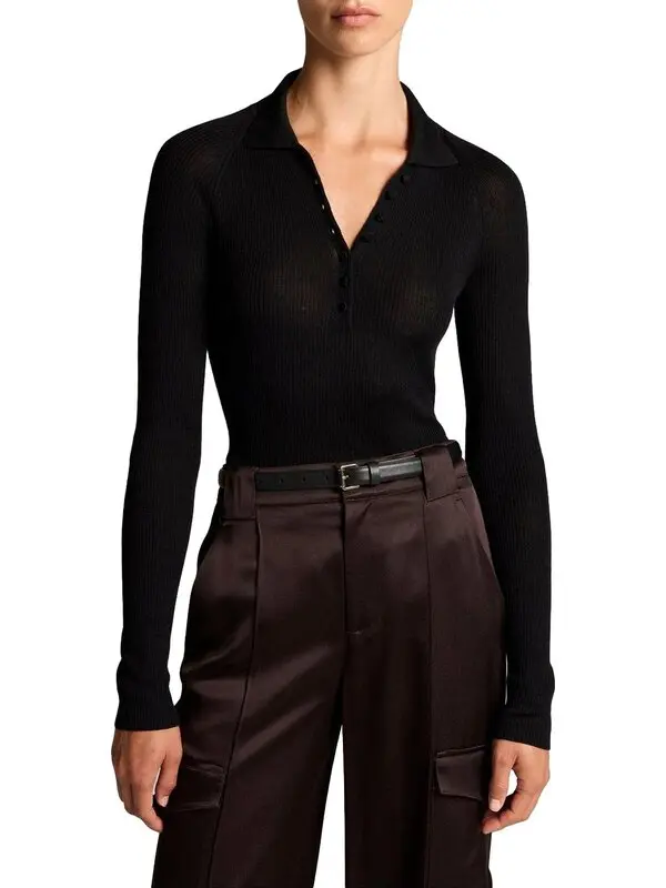 Vince Ribbed Italian Wool-silk Polo Sweater - Black