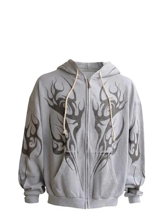 HELLSTAR Tribal Flame Zip Up Hoodie - Grey
