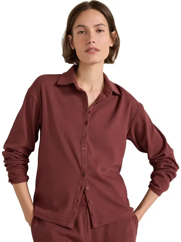 HAVEN WELL WITHIN Organic Cotton Rib Knit Front Button Shirt - Garnet