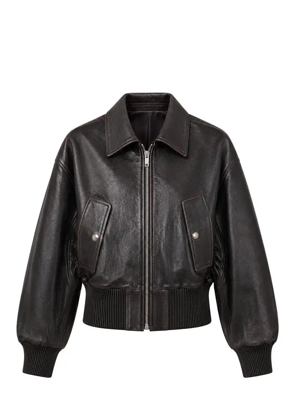 FRONT ROW SHOP Leather Bomber Jacket - Brown