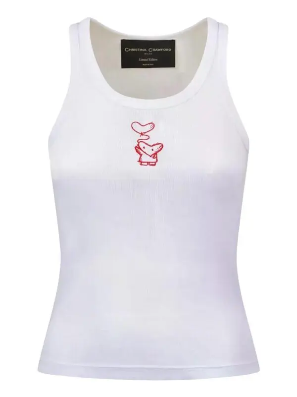 CHRISTINA CRAWFORD Embroidered Ribbed Tank Top - White