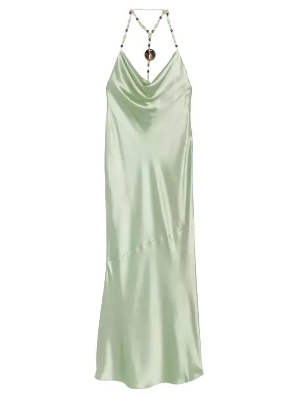 Retrofete Beaded Halterneck Satin Maxi Dress - Green