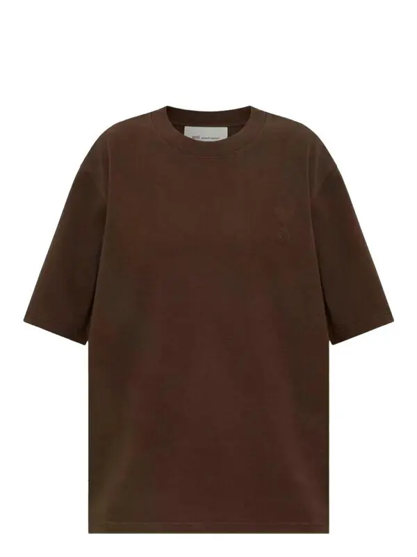 AMI Paris Cotton T-shirt With Embossed De Coeur - Brown