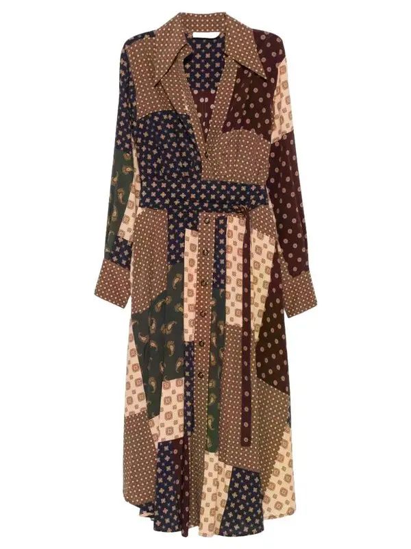 Zimmermann Geometric-patchwork Midi Dress - Brown