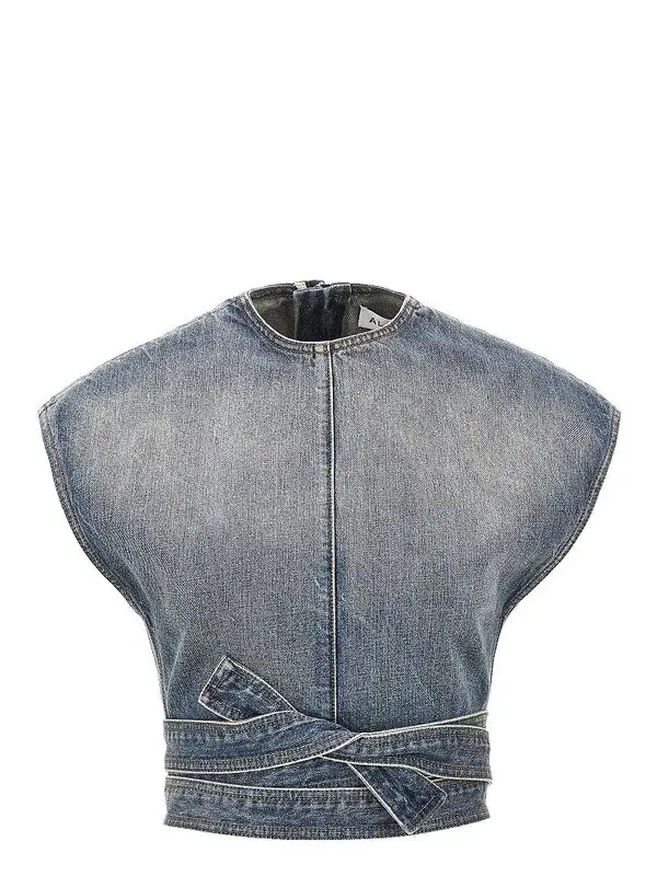 Alaïa Délavé Raw Cotton Denim Wrap-around Sleeveless Top - Blue