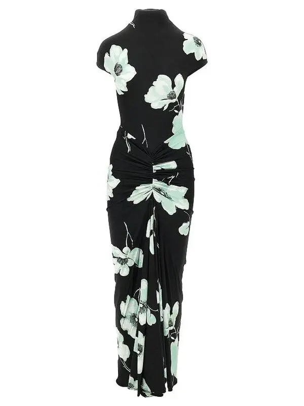 Alaïa Sakura Print Draped Long Dress - Black