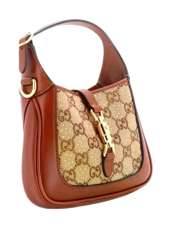 Gucci Jackie 1961 Chain Crystal Embellished Gg Canvas Mini Hobo Bag - Brown