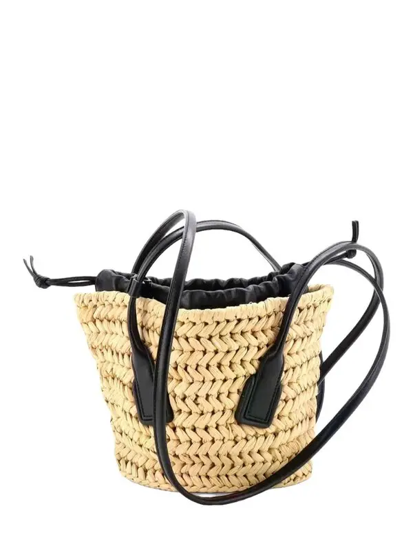Bottega Veneta Small Arco Basket Bag Raffia With Leather Shoulder Bag - Black