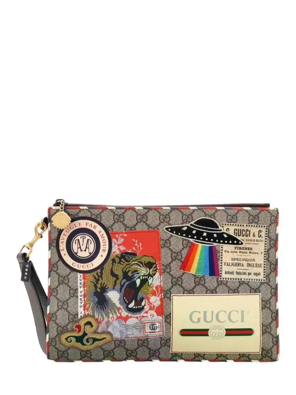 Gucci Courrier Pouch Gg Coated Canvas With Applique Clutch Bag - Brown