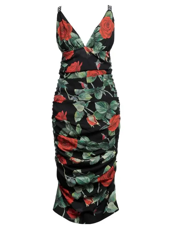 Dolce & Gabbana Floral V-neck Sleeveless Dress - Black