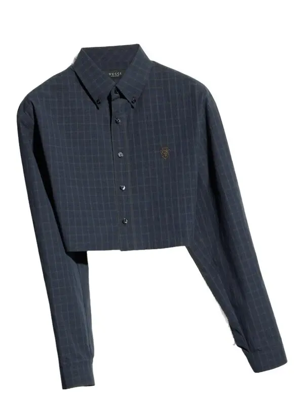 Gucci Cropped Checked Cotton Poplin Shirt - Blue